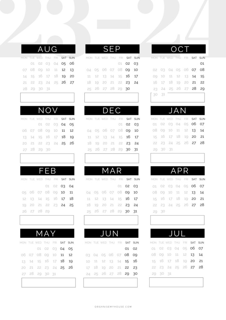 Free Academic Calendar Printable Year Planner 2023 24